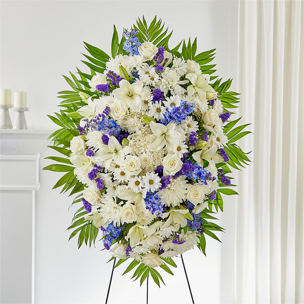 At Rest Standing Spray – blue, white flower arrangement | Tarzana, CA ...
